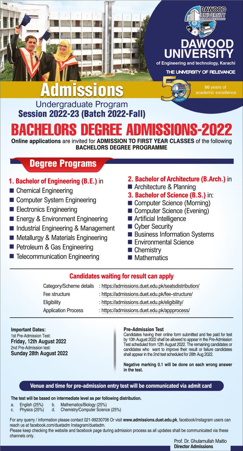 Bachelor Degreee Programs (BS/BE/B.Arch) Admission Notice - Dawood ...
